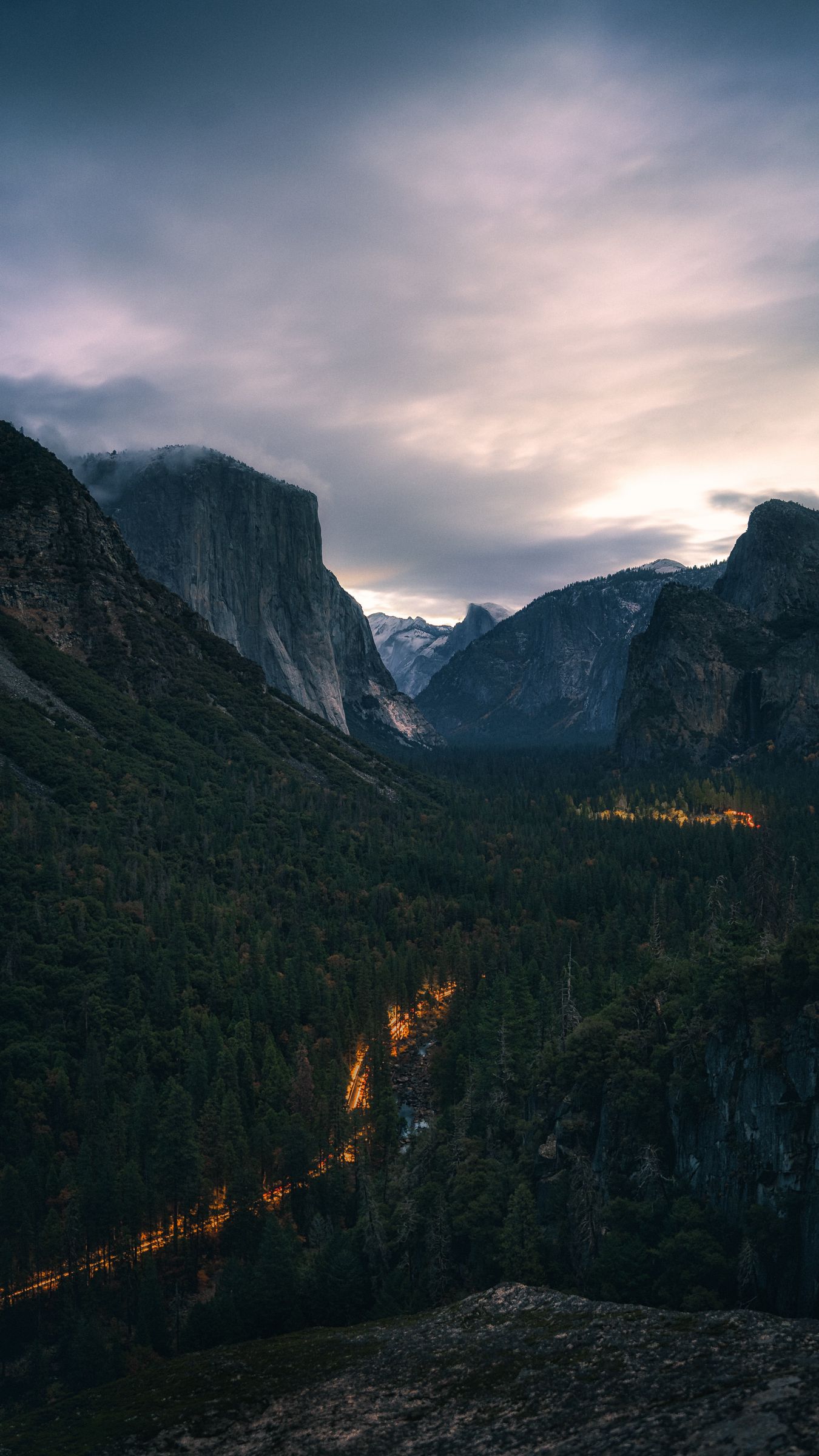 Download wallpaper 1350x2400 mountains, forest, road, glow, aerial view ...