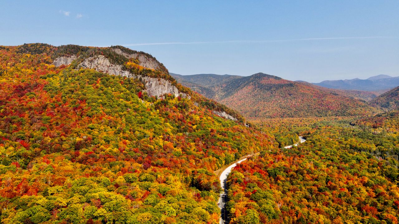 Wallpaper mountains, forest, road, autumn, aerial view hd, picture, image
