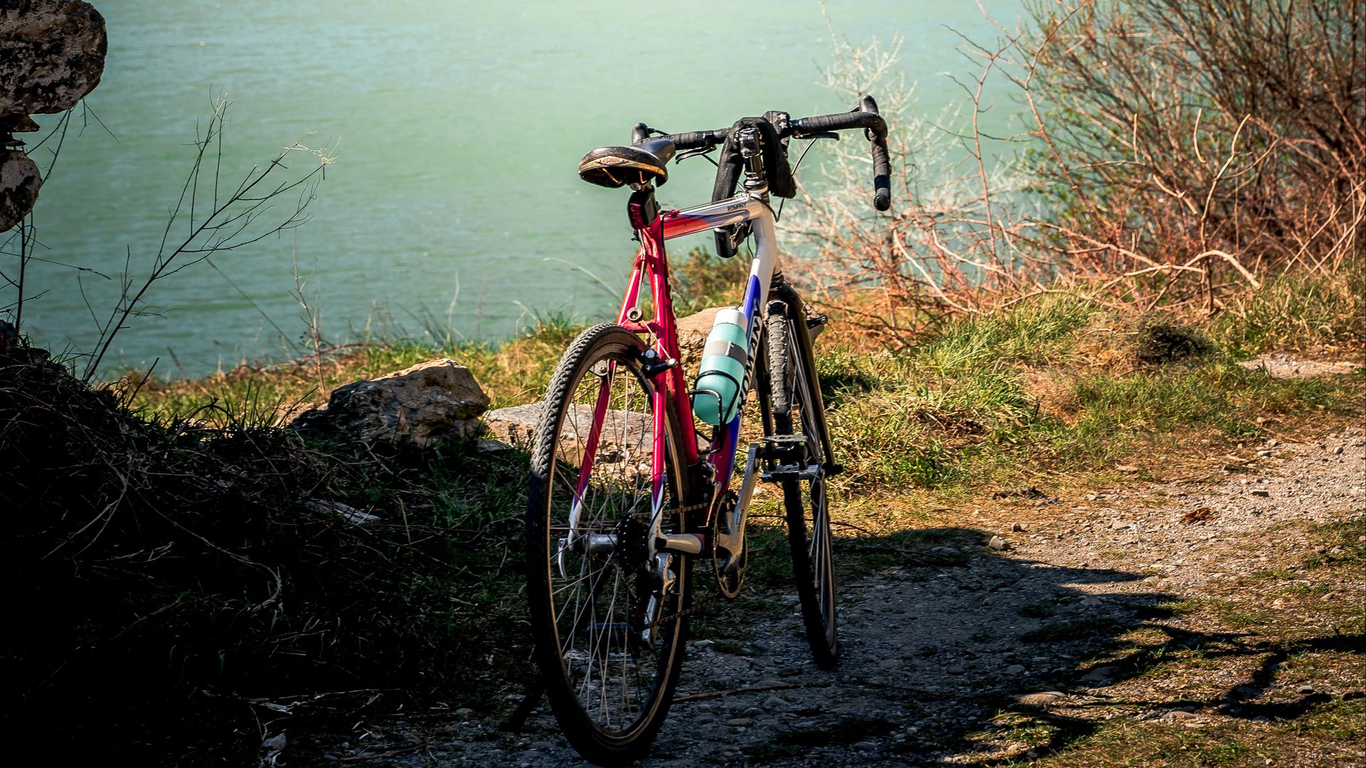 Download wallpaper 1920x1080 bike, mountains, lake, road, nature full ...