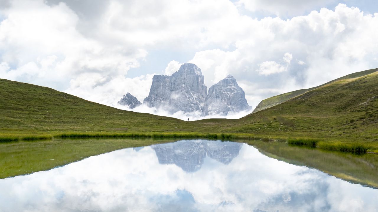Wallpaper mountains, lake, man, grass, clouds hd, picture, image