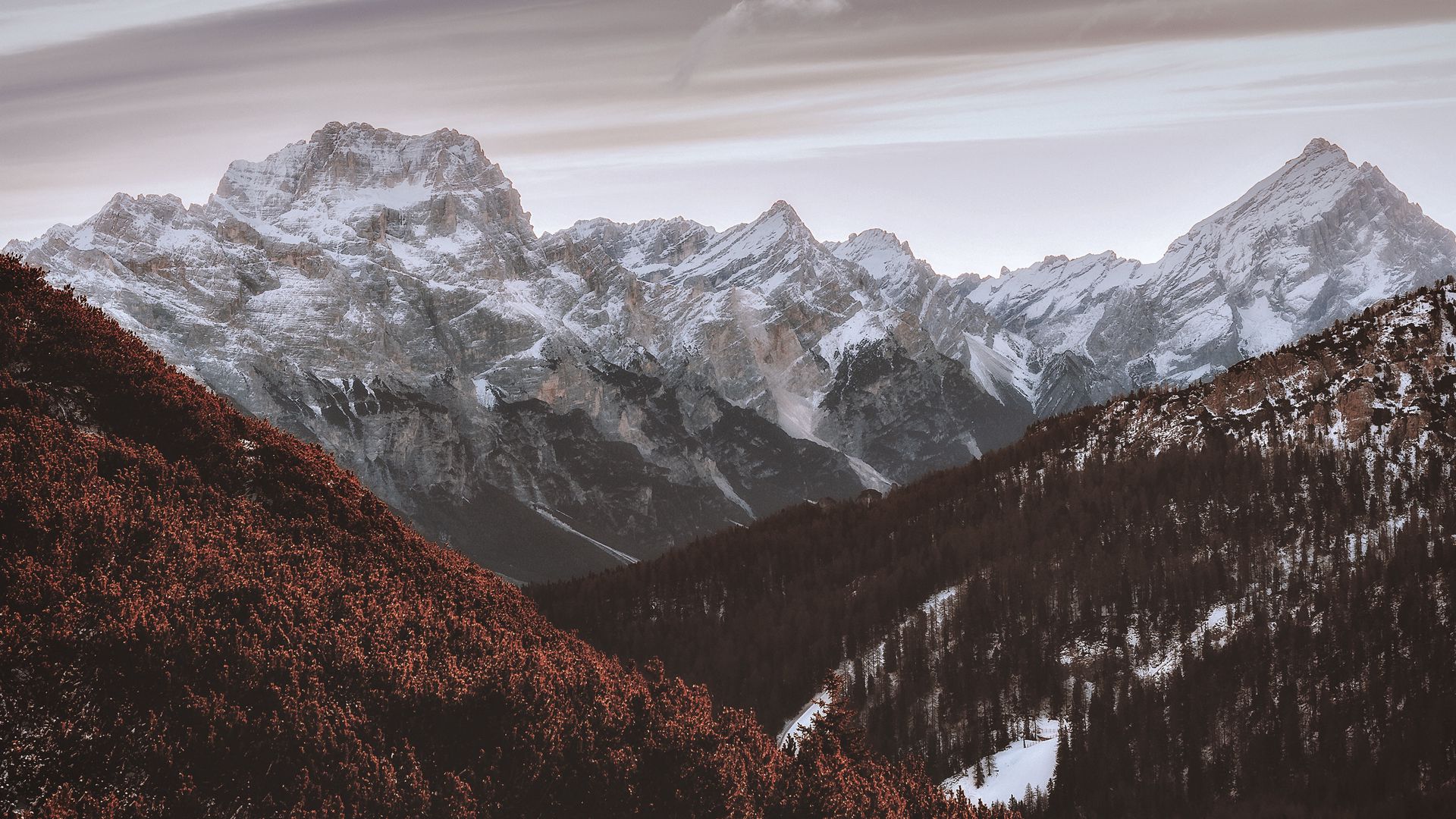 Download wallpaper 1920x1080 mountains, peaks, snowy, trees, sky full ...
