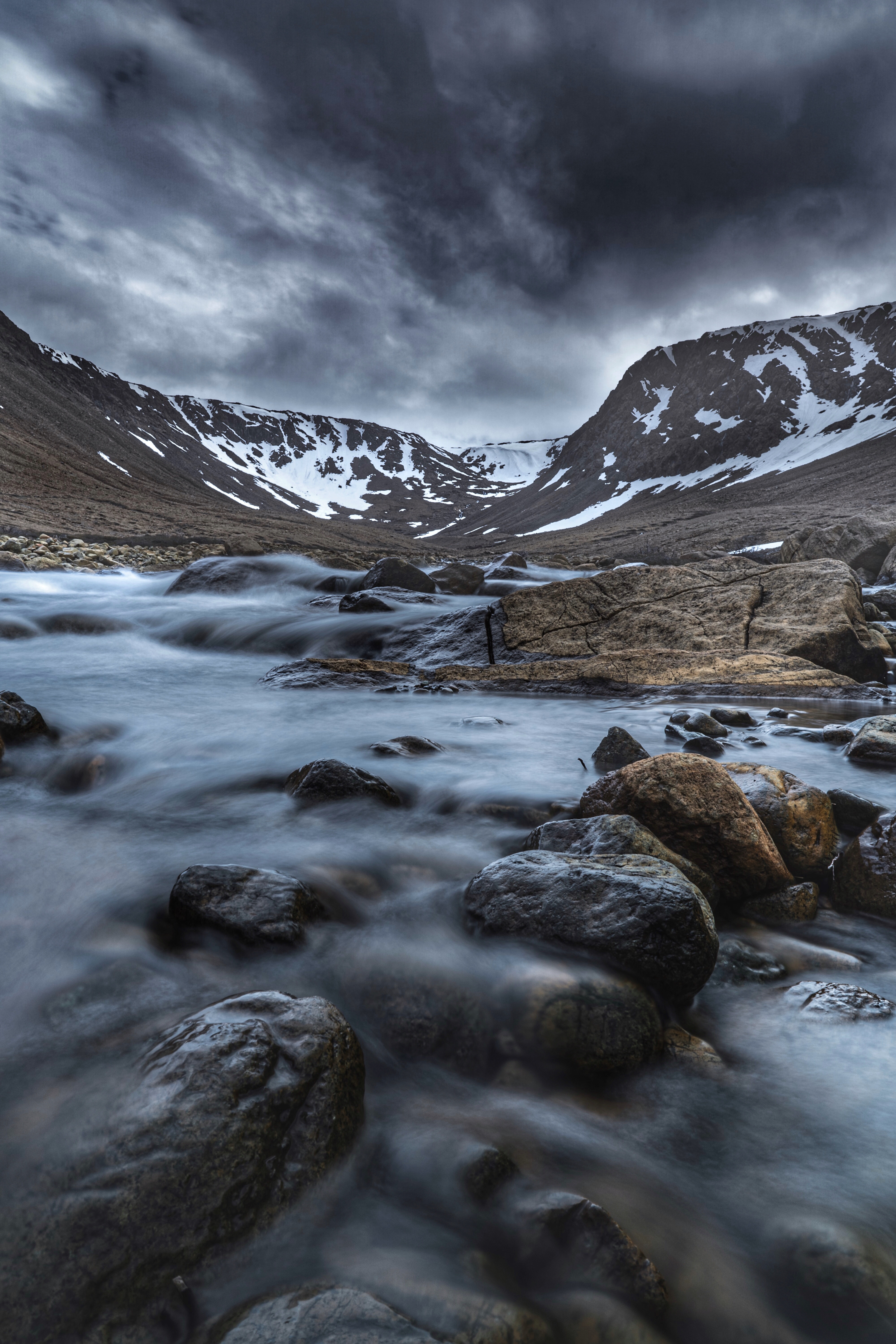 Download wallpaper 4000x6000 mountains, river, stones, snow, landscape ...