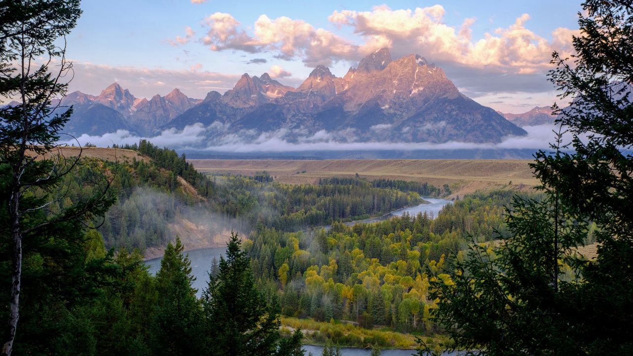 Wallpaper mountains, river, trees, fog, branches hd, picture, image