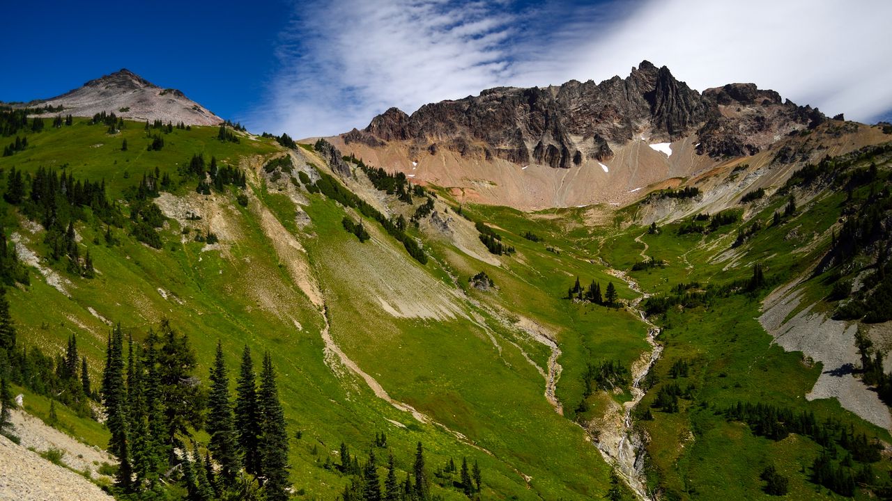 Wallpaper mountains, rocks, relief, river, trees, sky hd, picture, image