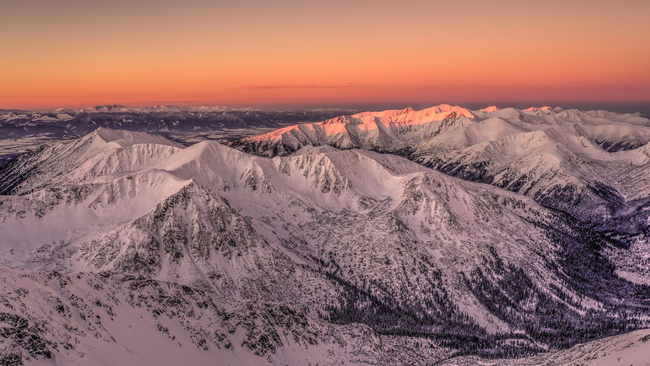 Wallpaper mountains, rocks, snow, snowy, sunset, sky hd, picture, image