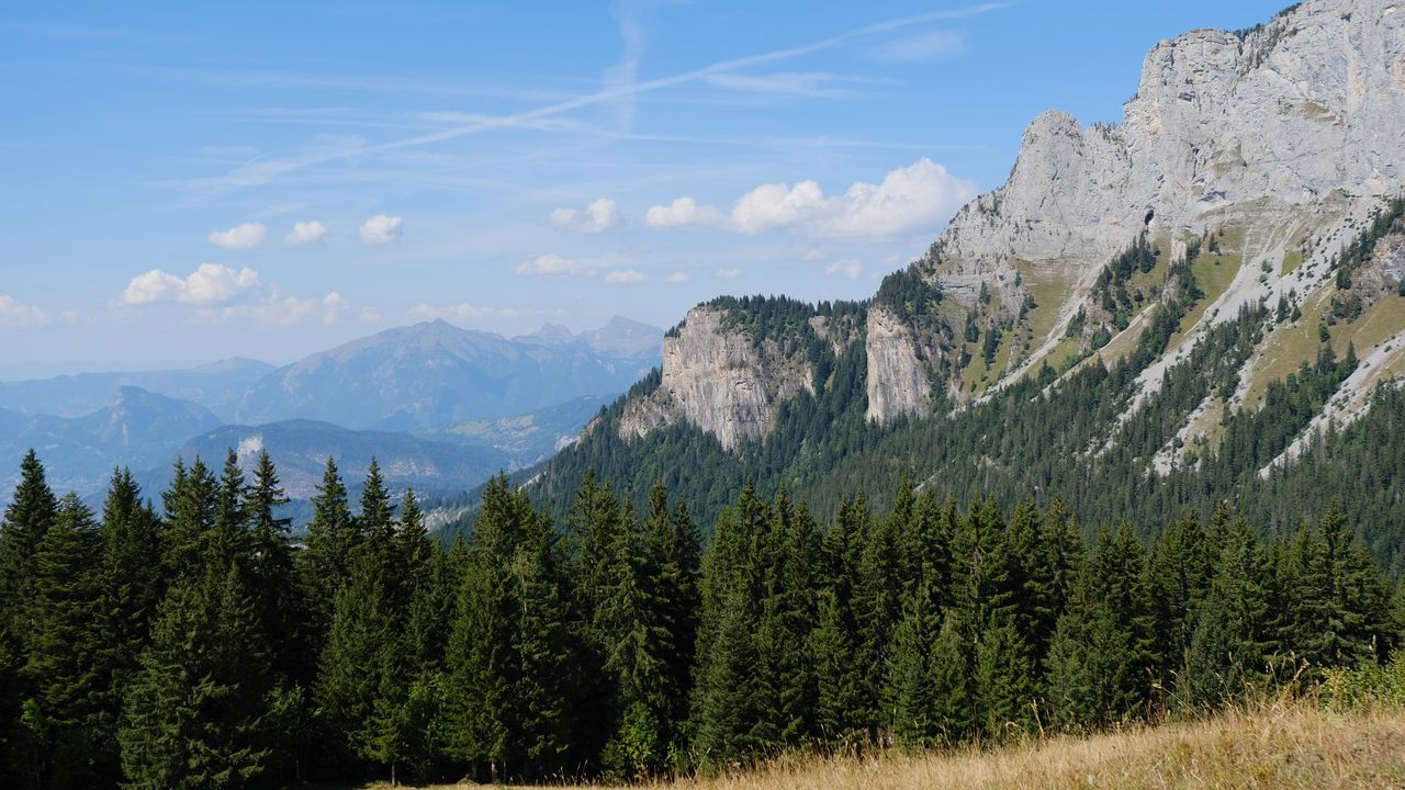 Wallpaper mountains, rocks, trees, clouds hd, picture, image