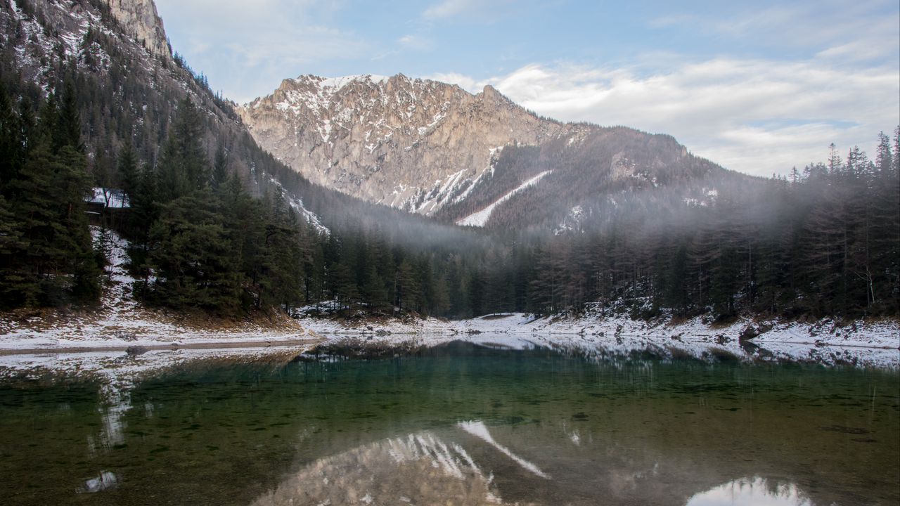 Wallpaper mountains, snow, lake, reflection, trees hd, picture, image