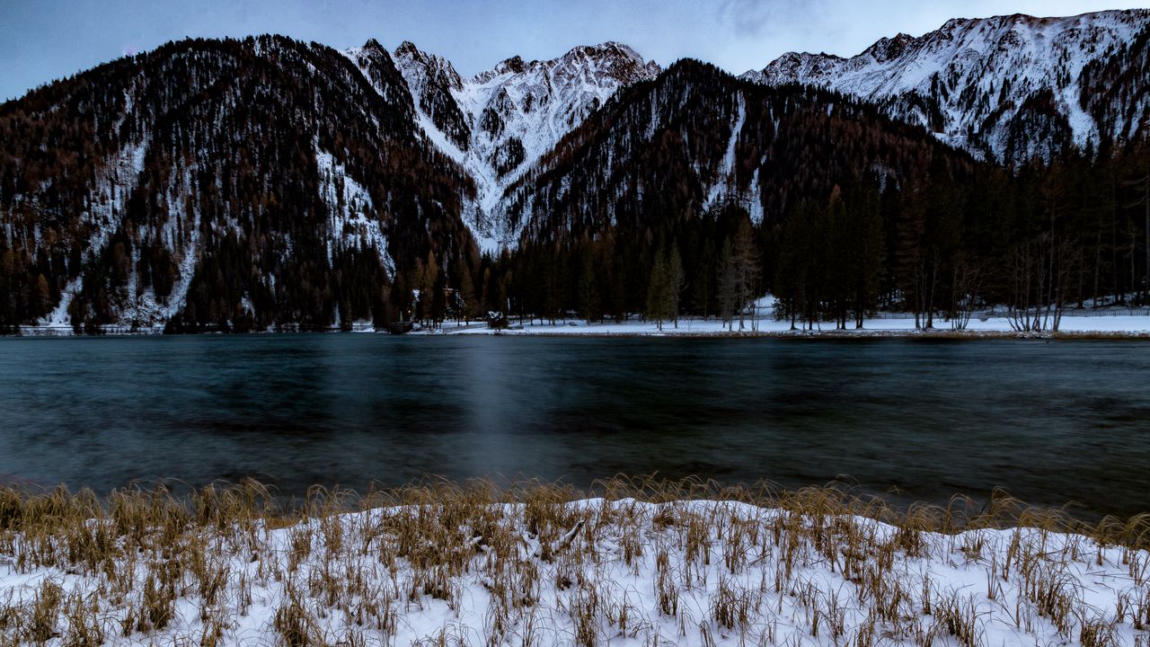 Wallpaper mountains, snow, shore, winter hd, picture, image