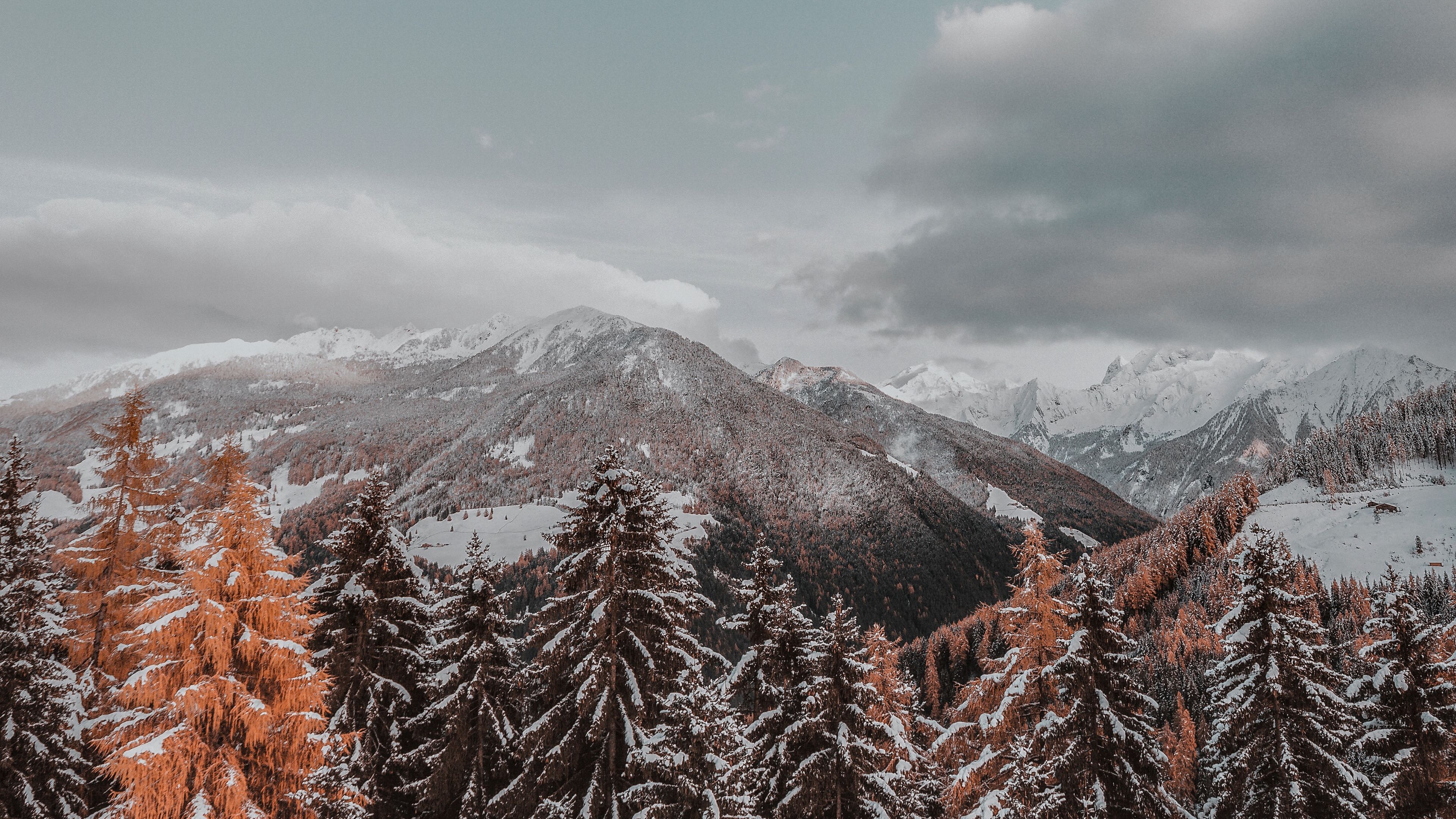 Download wallpaper 3840x2160 mountains, trees, clouds, landscape, snowy ...
