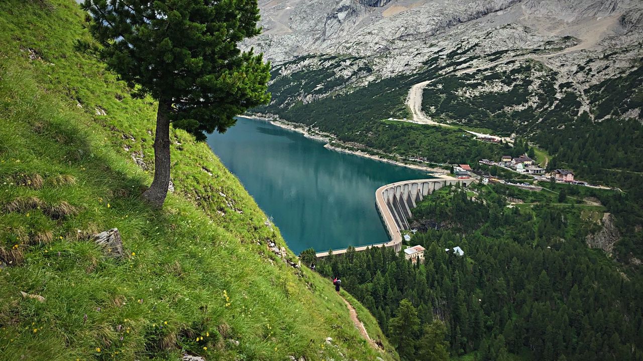 Wallpaper mountains, trees, lake, dam, landscape hd, picture, image