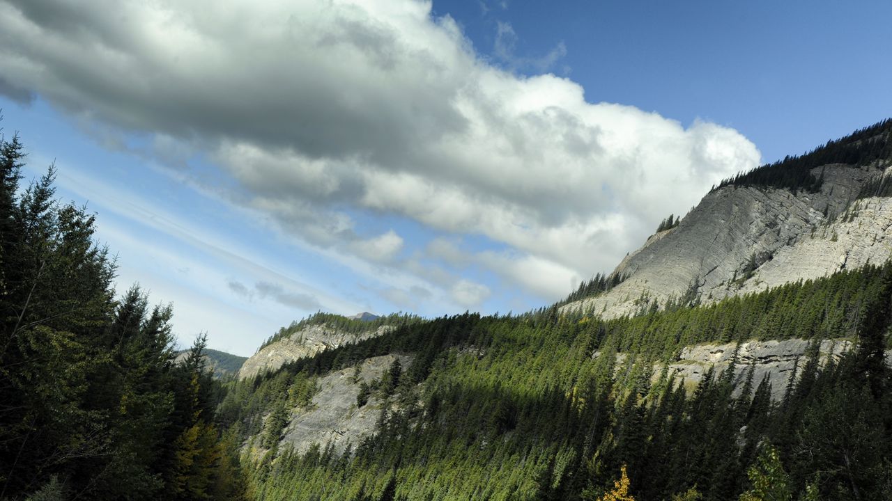 Wallpaper mountains, trees, relief, clouds, nature hd, picture, image