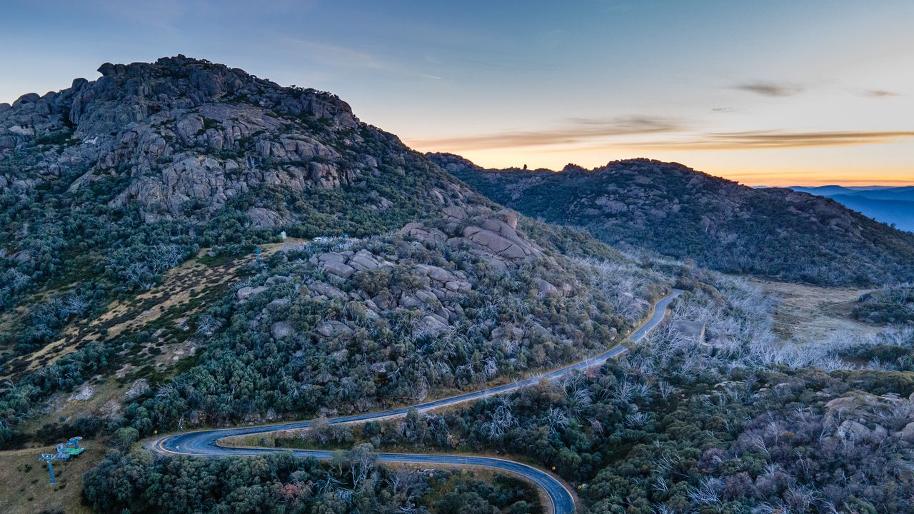 Wallpaper mountains, trees, road, sunset hd, picture, image