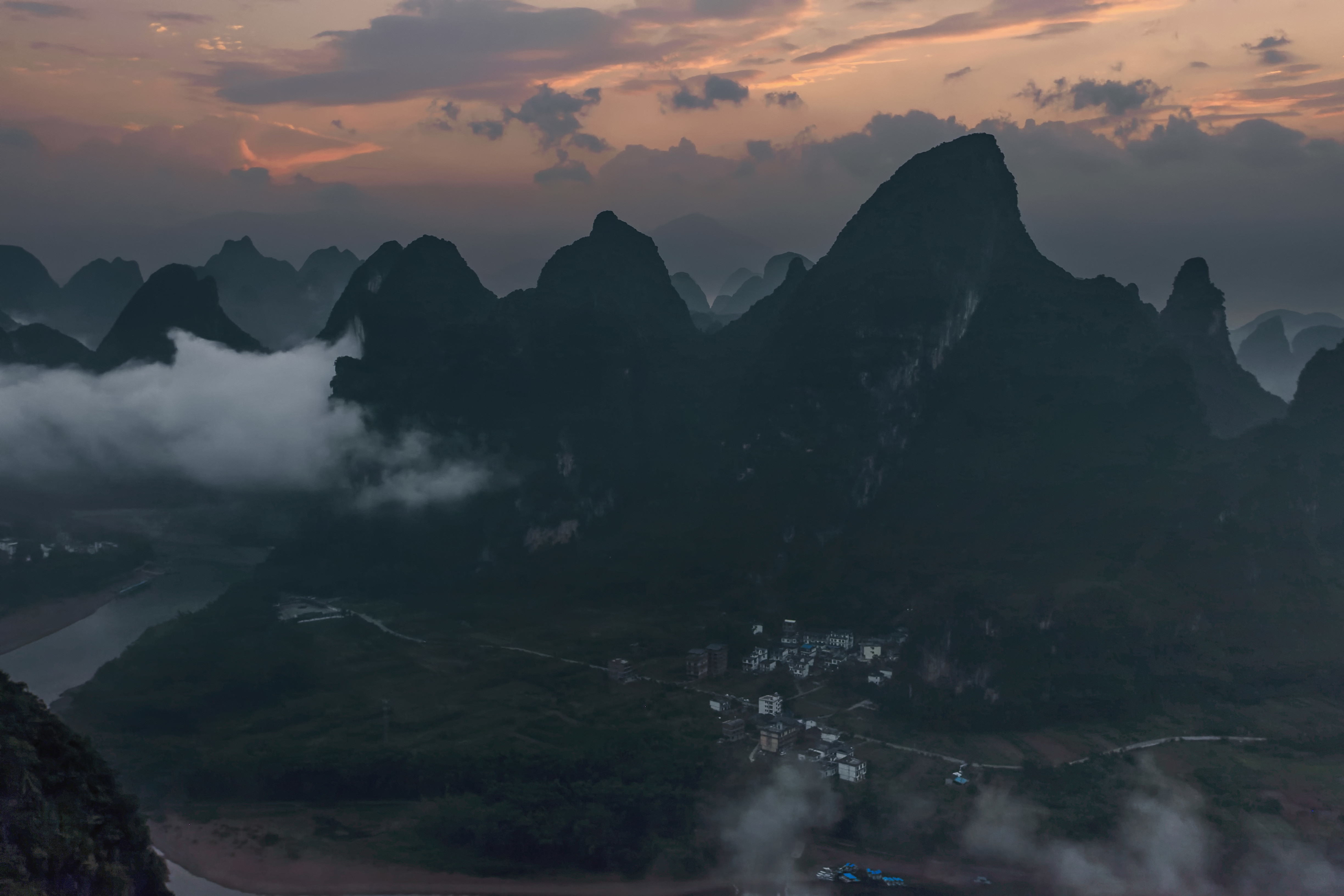 Download wallpaper 4896x3264 mountains, valley, clouds, dark hd background