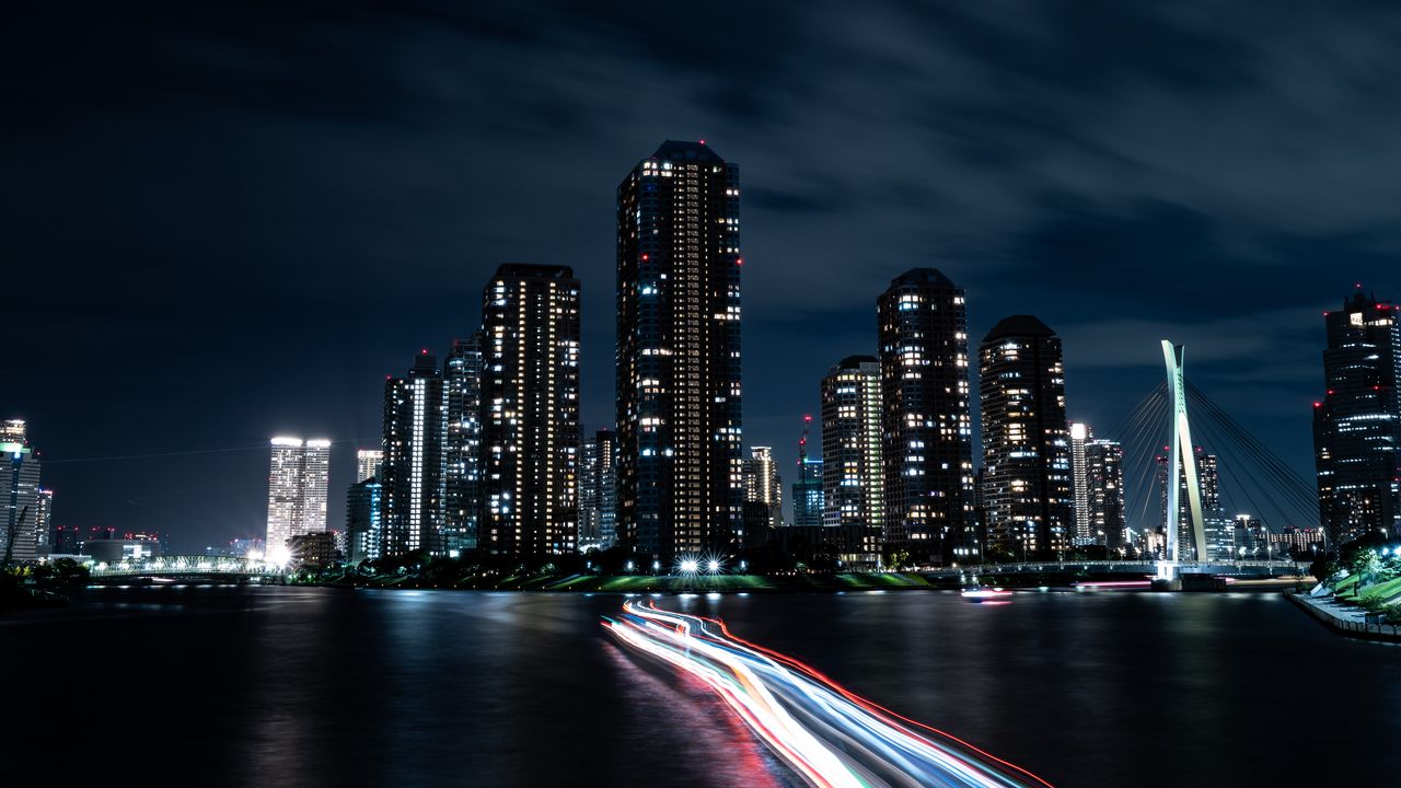 Wallpaper night city, buildings, skyscrapers, coast, lights, long ...