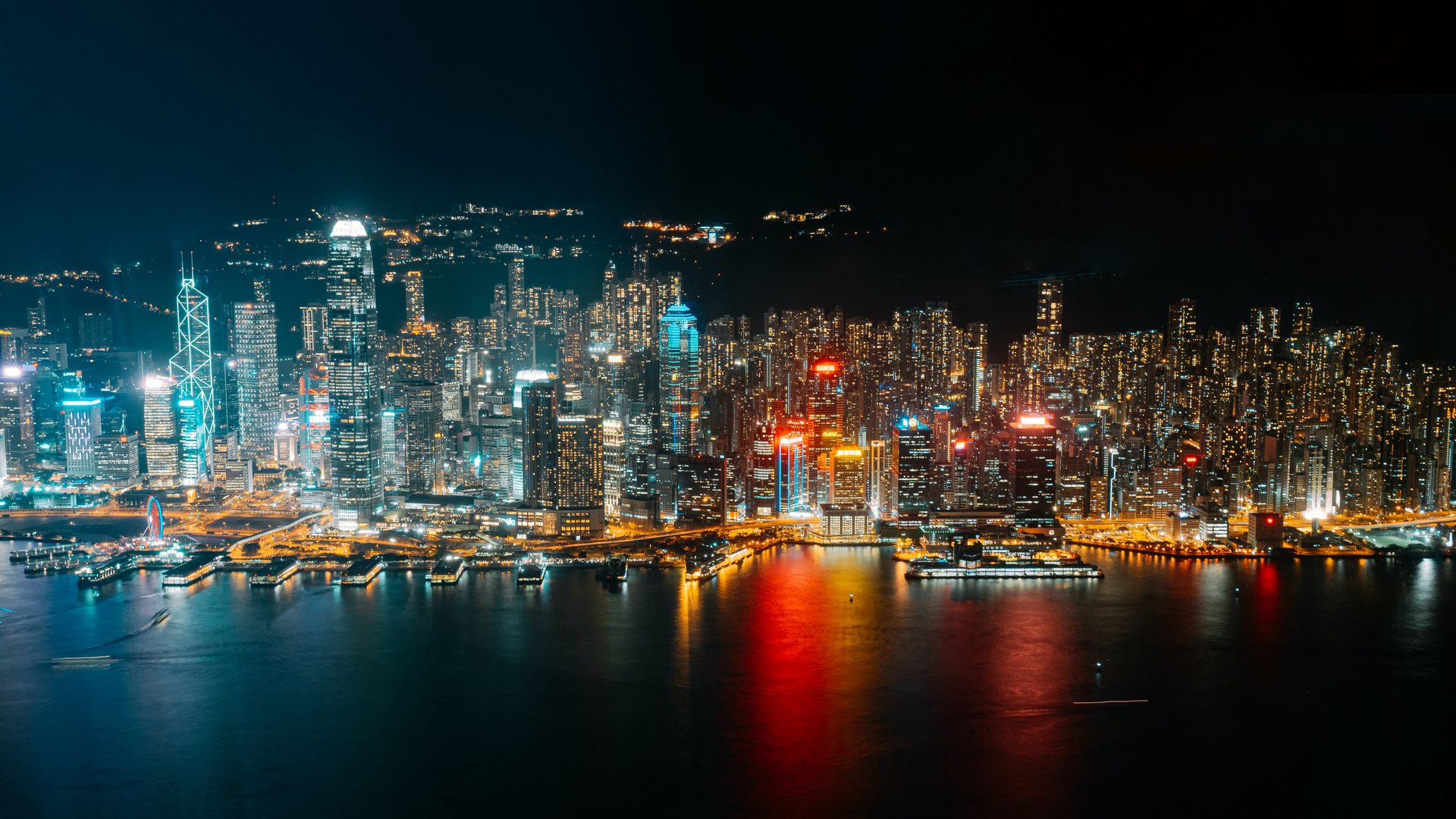 Download wallpaper 1920x1080 night city, coast, aerial view, buildings ...
