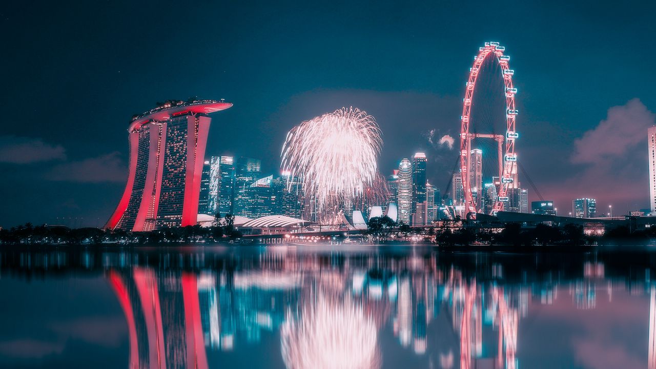 Wallpaper night city, fireworks, buildings, water, reflection hd ...