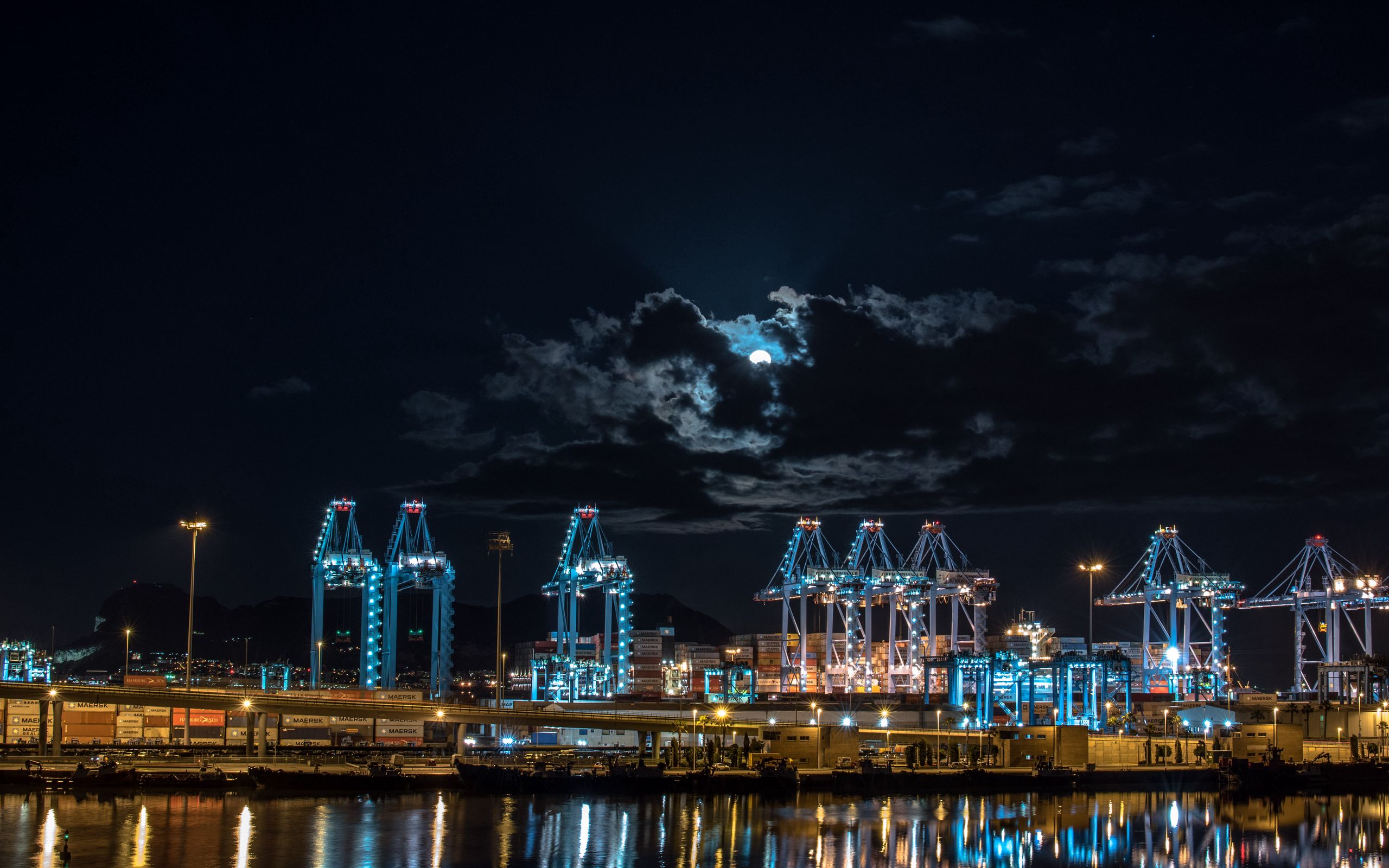 Download wallpaper 2560x1600 night city, port, lights, moon, night ...