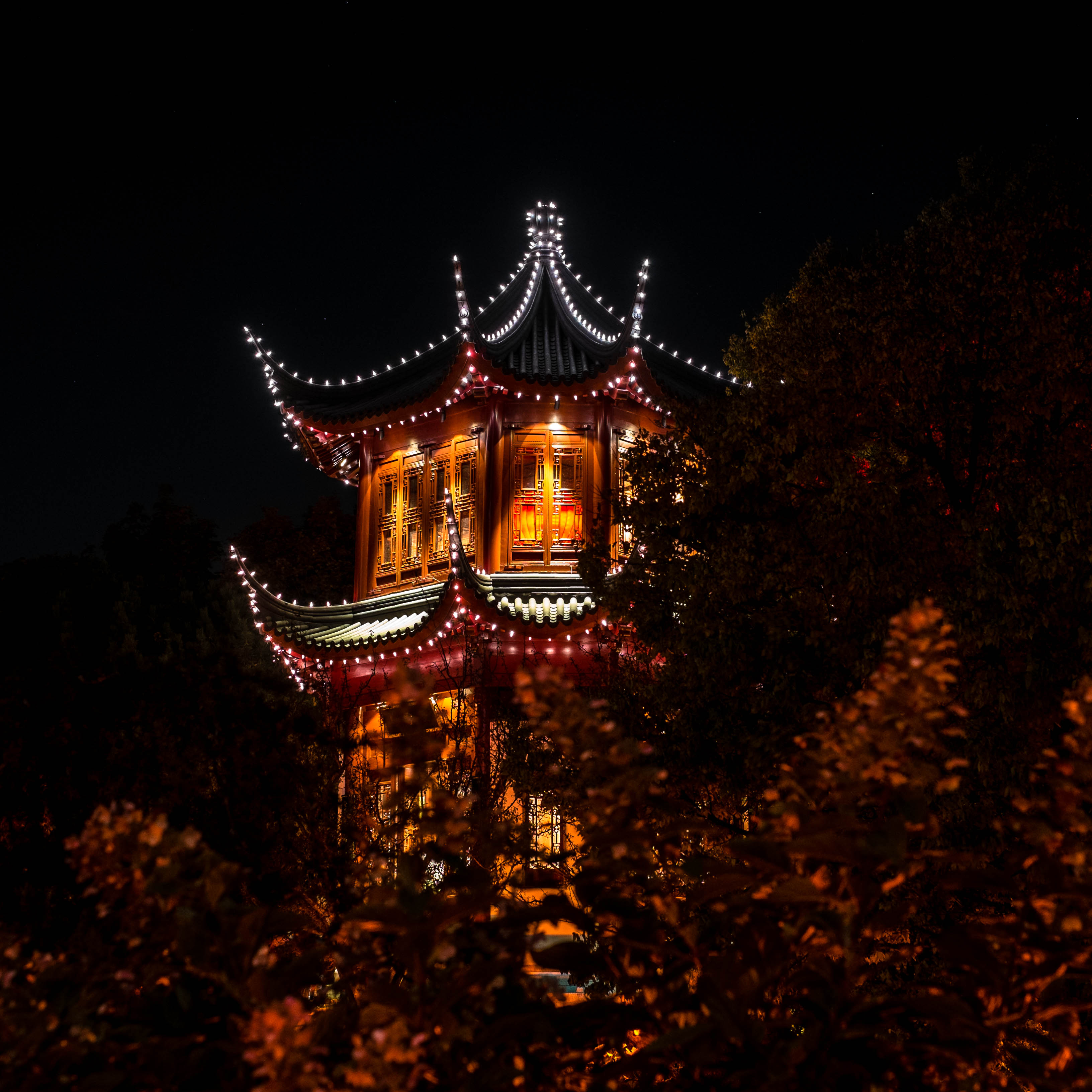 Download wallpaper 3264x3264 pagoda, building, lights, night hd background