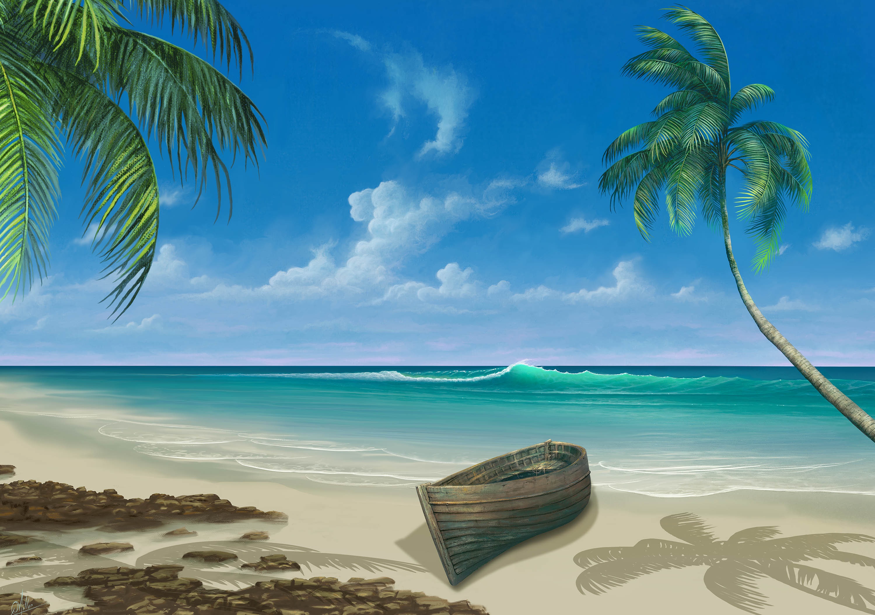 Download wallpaper 3000x2108 palm tree, boat, ocean, surf, art hd ...