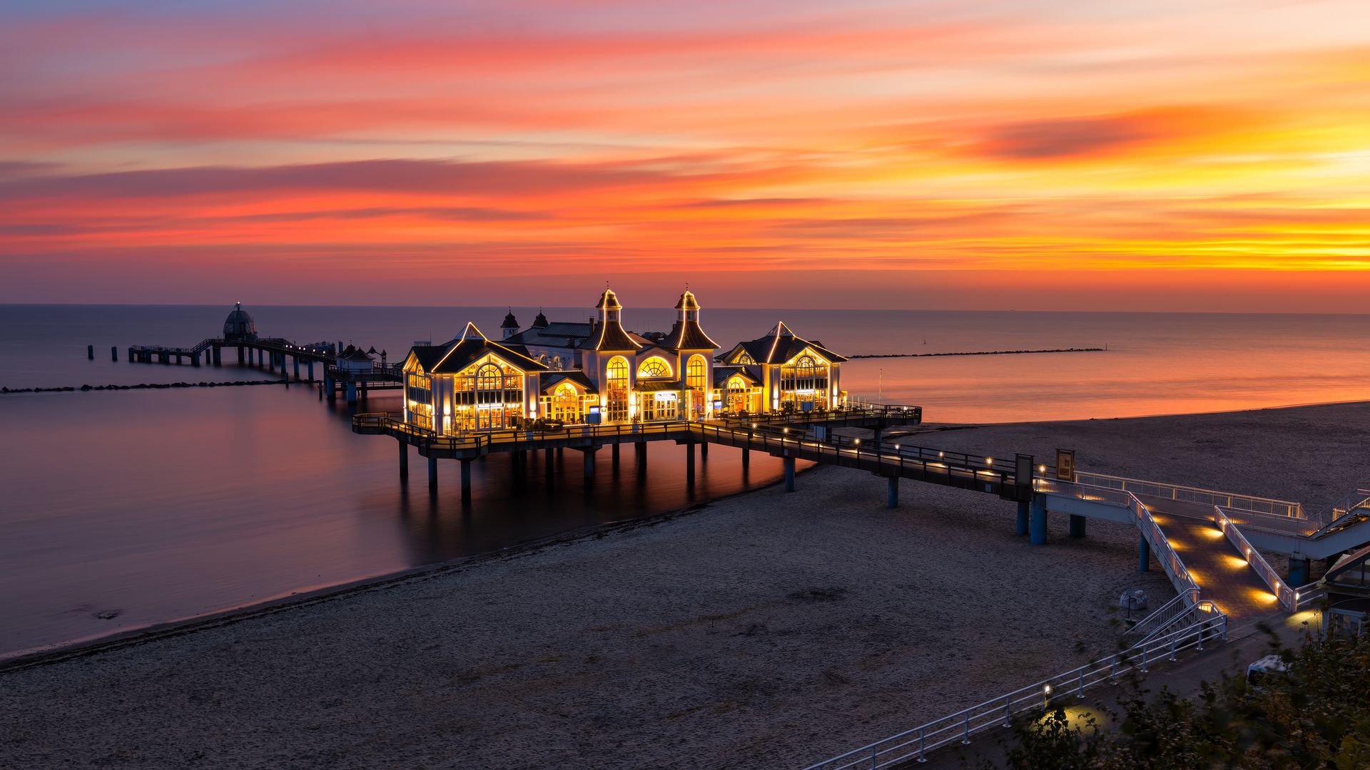 Download wallpaper 1920x1080 pier, buildings, lights, illumination, sea ...