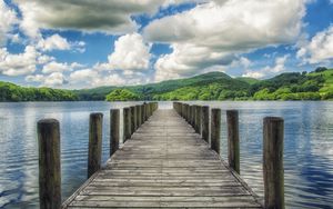 Wallpaper pier, lake, mountains, clouds, reflection hd, picture, image