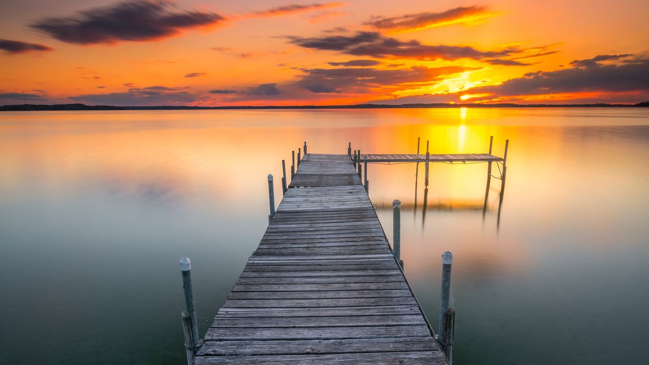 Wallpaper pier, water, sea, sunset, landscape hd, picture, image