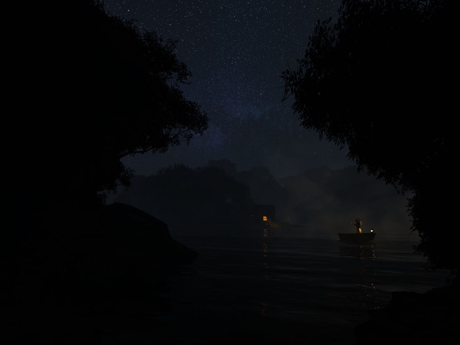 Download wallpaper 1600x1200 river, boat, night, dark, fog standard 4:3 ...