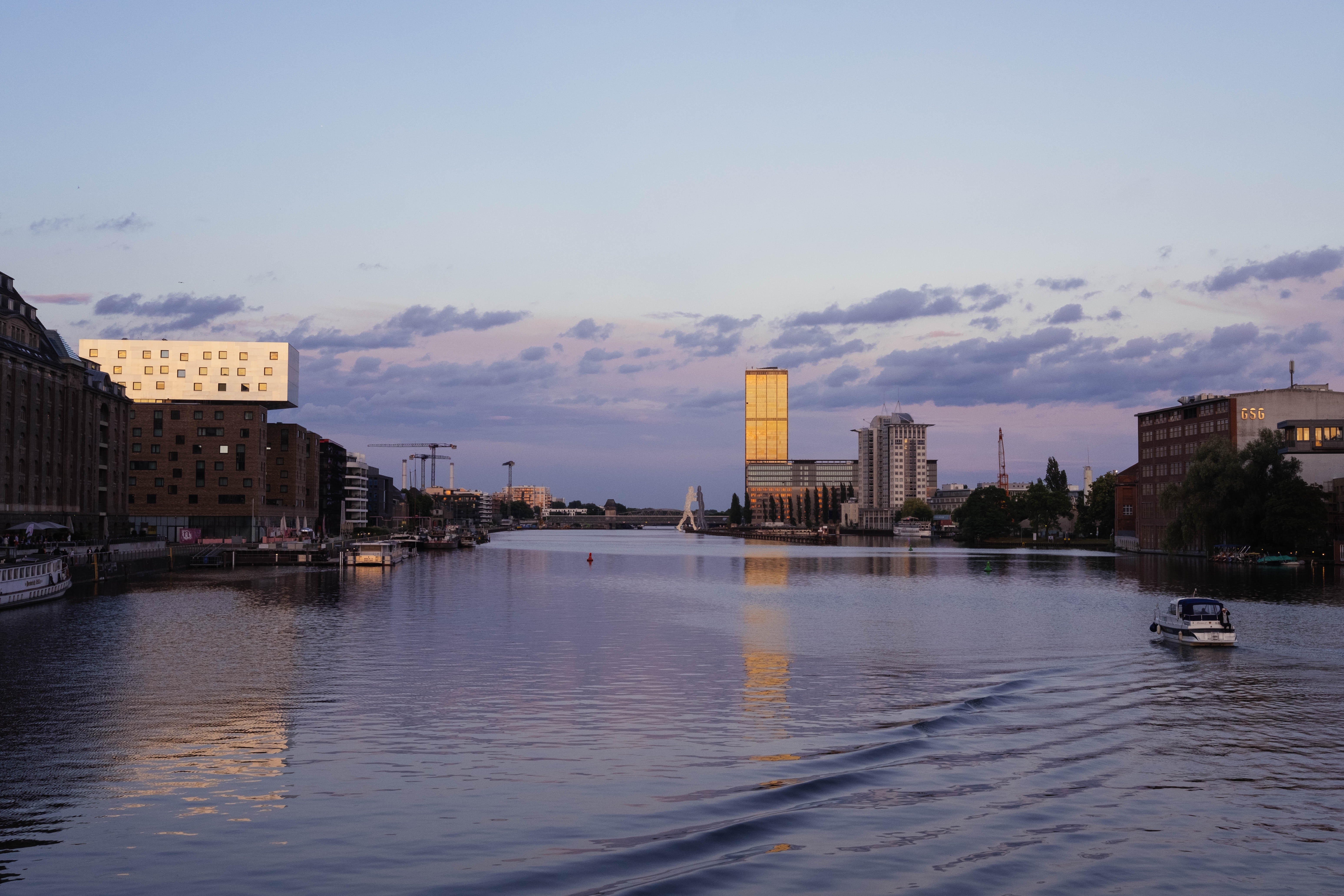 Download wallpaper 6189x4126 river, buildings, sky, clouds hd background