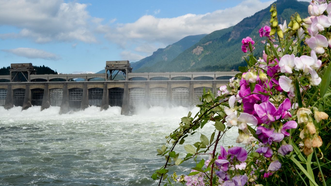 Download wallpaper 1366x768 river, dam, mountains, flowers, landscape ...