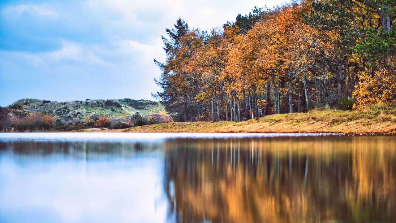 Wallpaper river, forest, coast, reflection, autumn, landscape hd ...