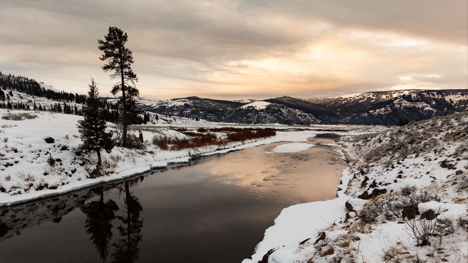Download wallpaper 1920x1080 river, hills, snow, snowy full hd, hdtv ...