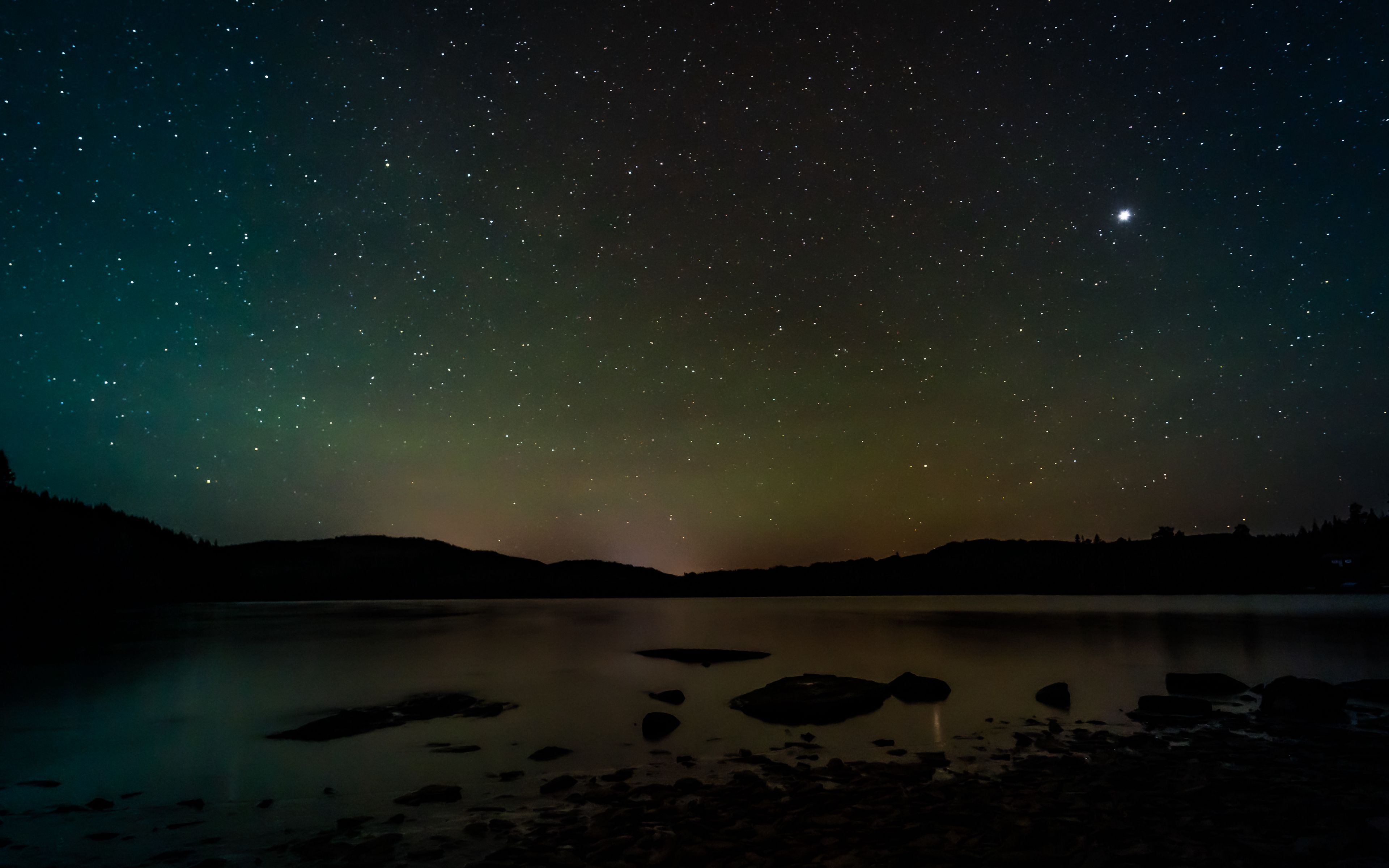 Download wallpaper 3840x2400 river, hills, starry sky, night, nature 4k ...