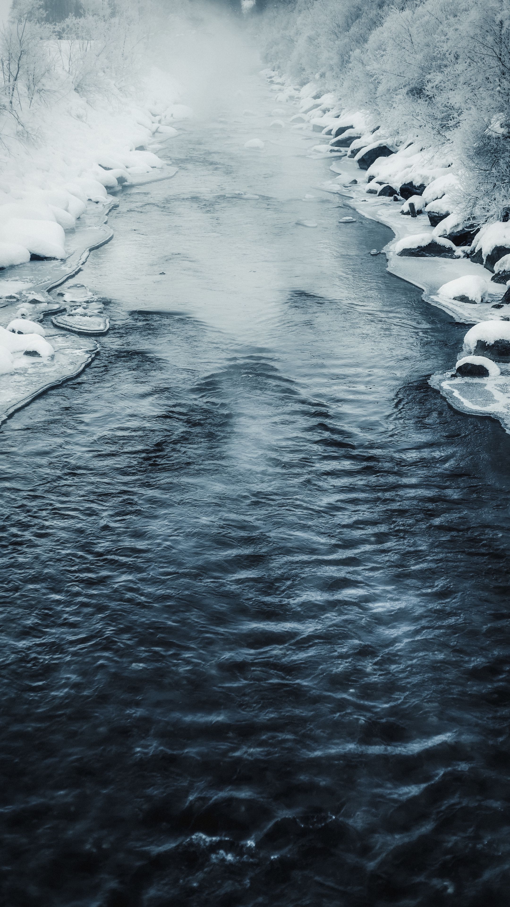 Download wallpaper 2160x3840 river, ice, fog, water, snow samsung ...