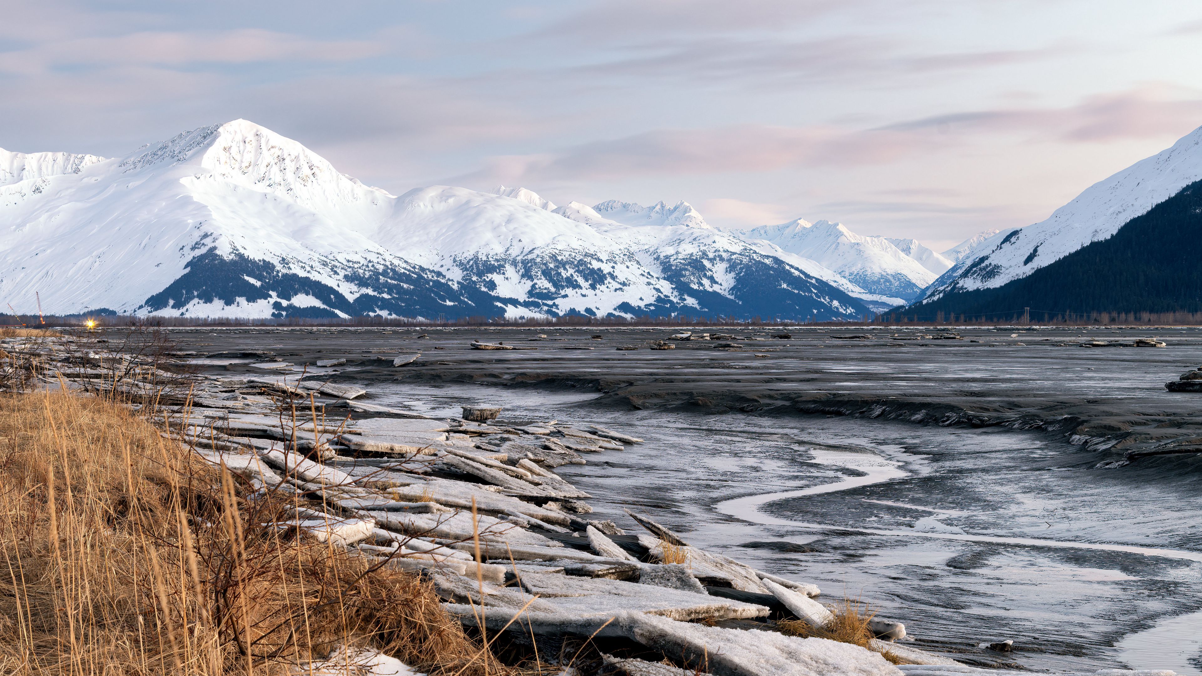 Download wallpaper 3840x2160 river, mountain, snow, valley, landscape ...