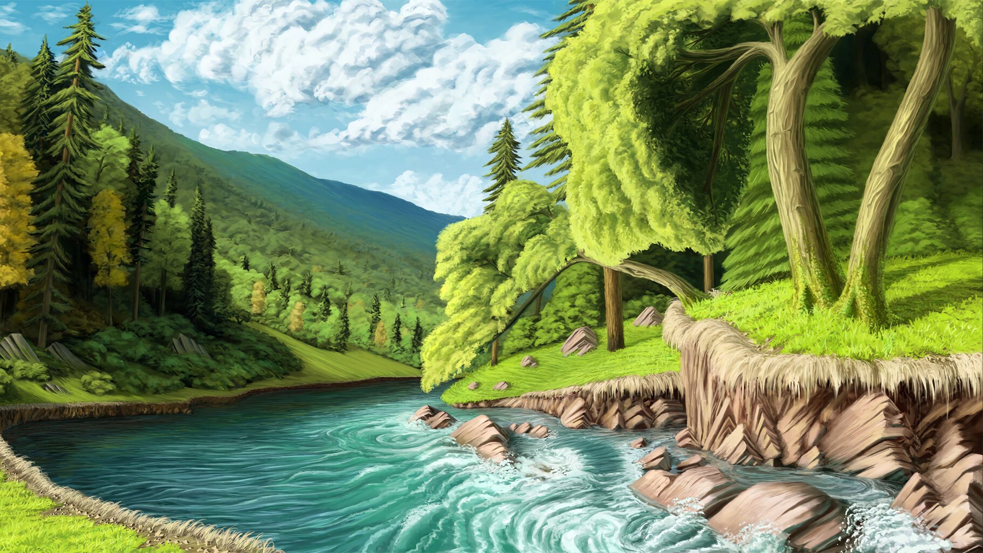 Download wallpaper 1920x1080 river, shore, trees, landscape, art full ...