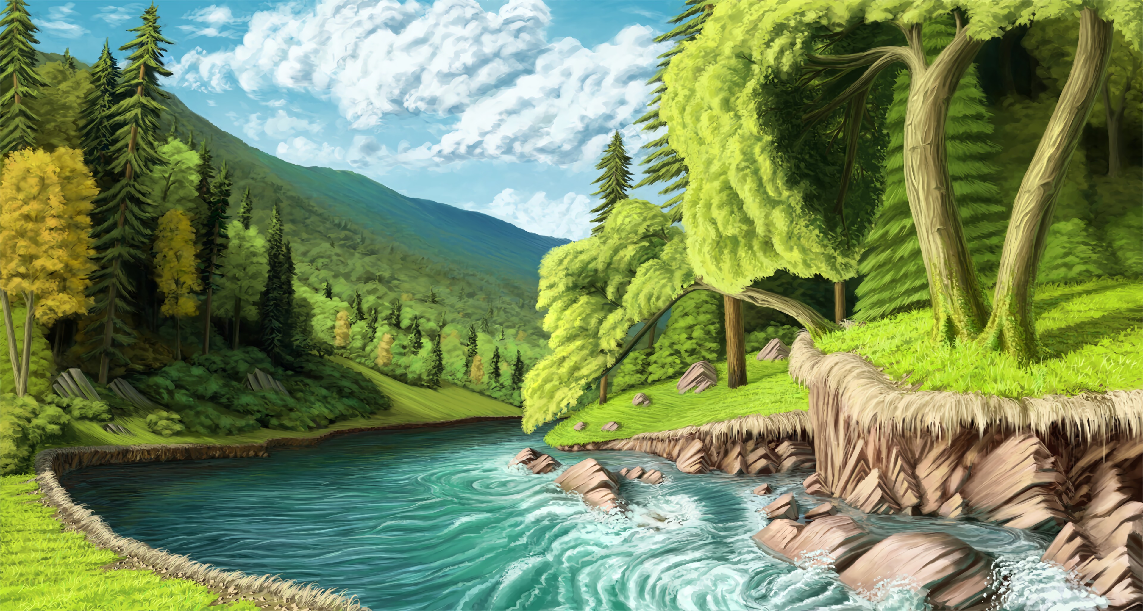 Download wallpaper 3840x2054 river, shore, trees, landscape, art hd ...