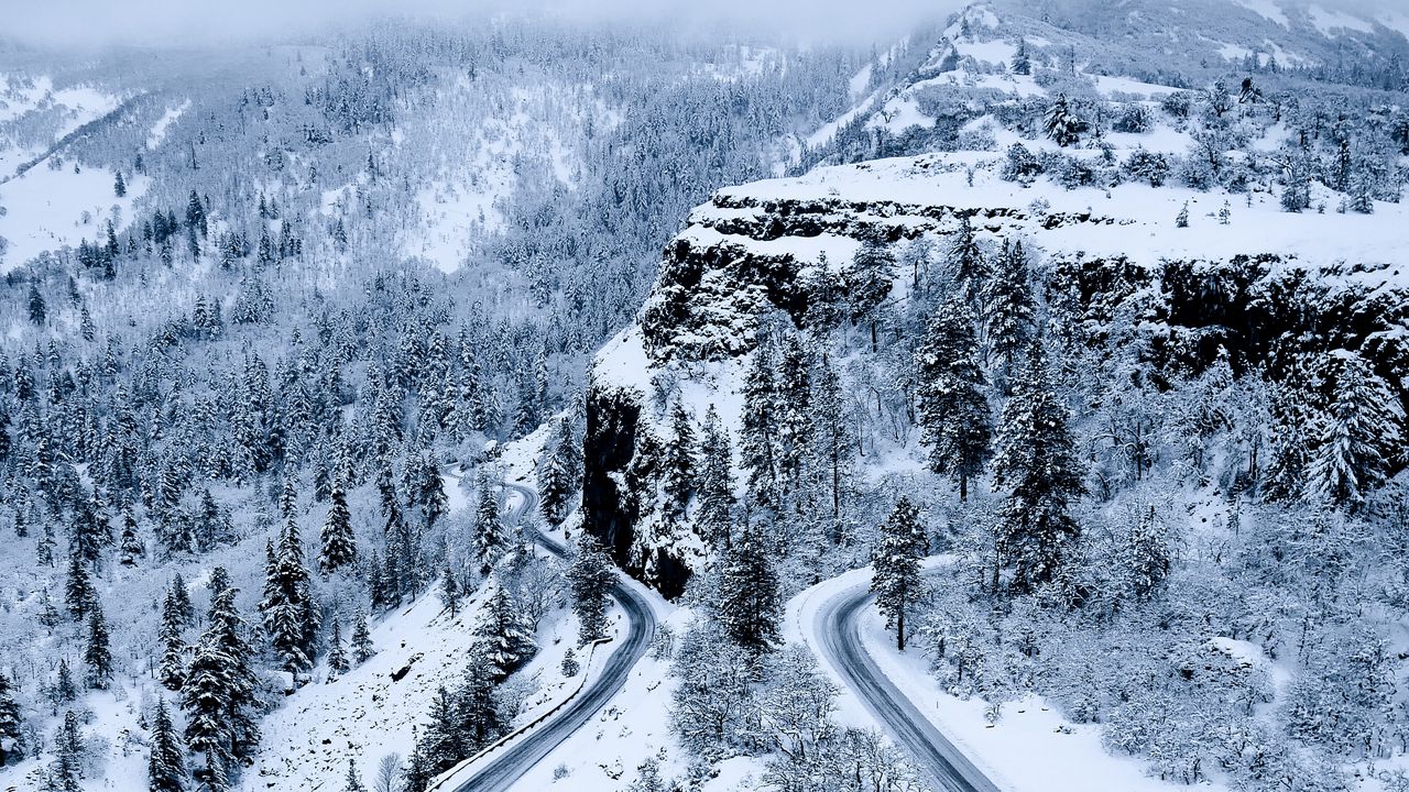 Wallpaper road, mountains, aerial view, snow, winter hd, picture, image