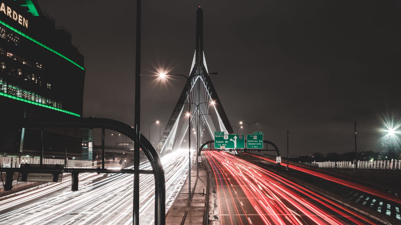 Wallpaper road, route, bridge, marking, night hd, picture, image