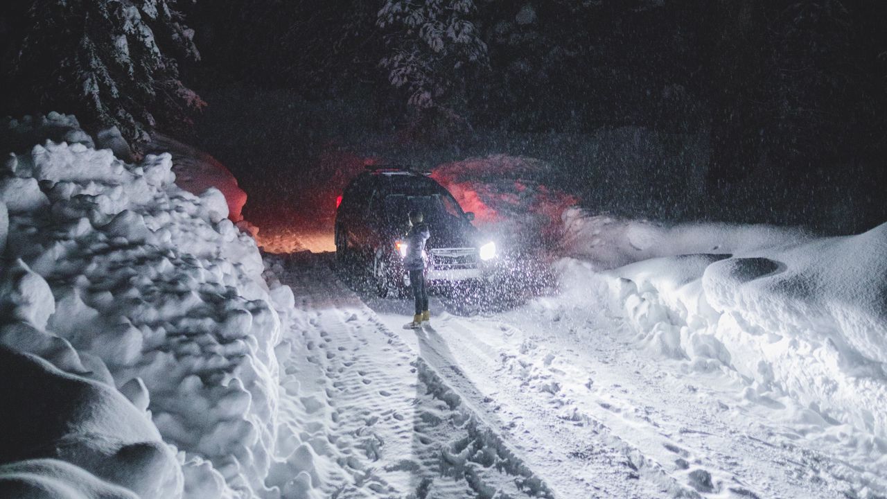 Wallpaper road, snow, car, night, winter hd, picture, image