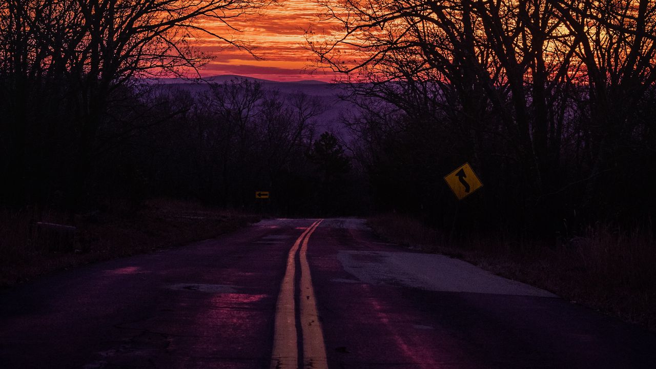 Wallpaper road, sunset, marking, sign hd, picture, image