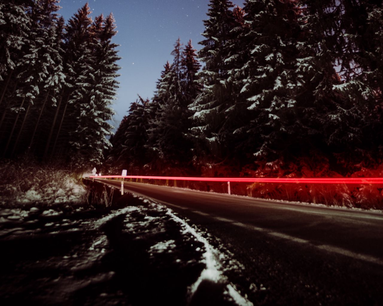 Download wallpaper 1280x1024 road, trees, night, snow, long exposure ...