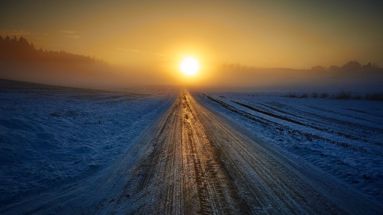 Wallpaper road, winter, snow, sunset, horizon hd, picture, image