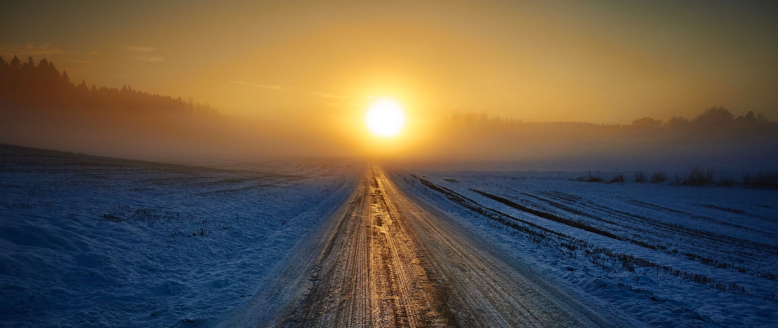 Download wallpaper 2560x1080 road, winter, snow, sunset, horizon dual ...