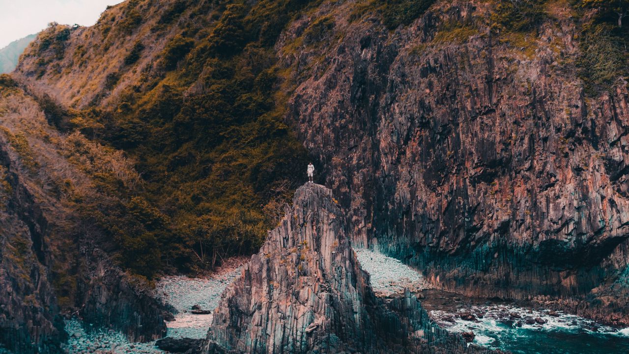 Wallpaper rock, man, alone, sea, coast, nature hd, picture, image