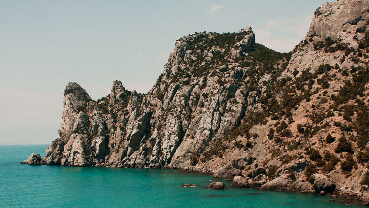 Wallpaper rocks, boat, ocean, sky hd, picture, image
