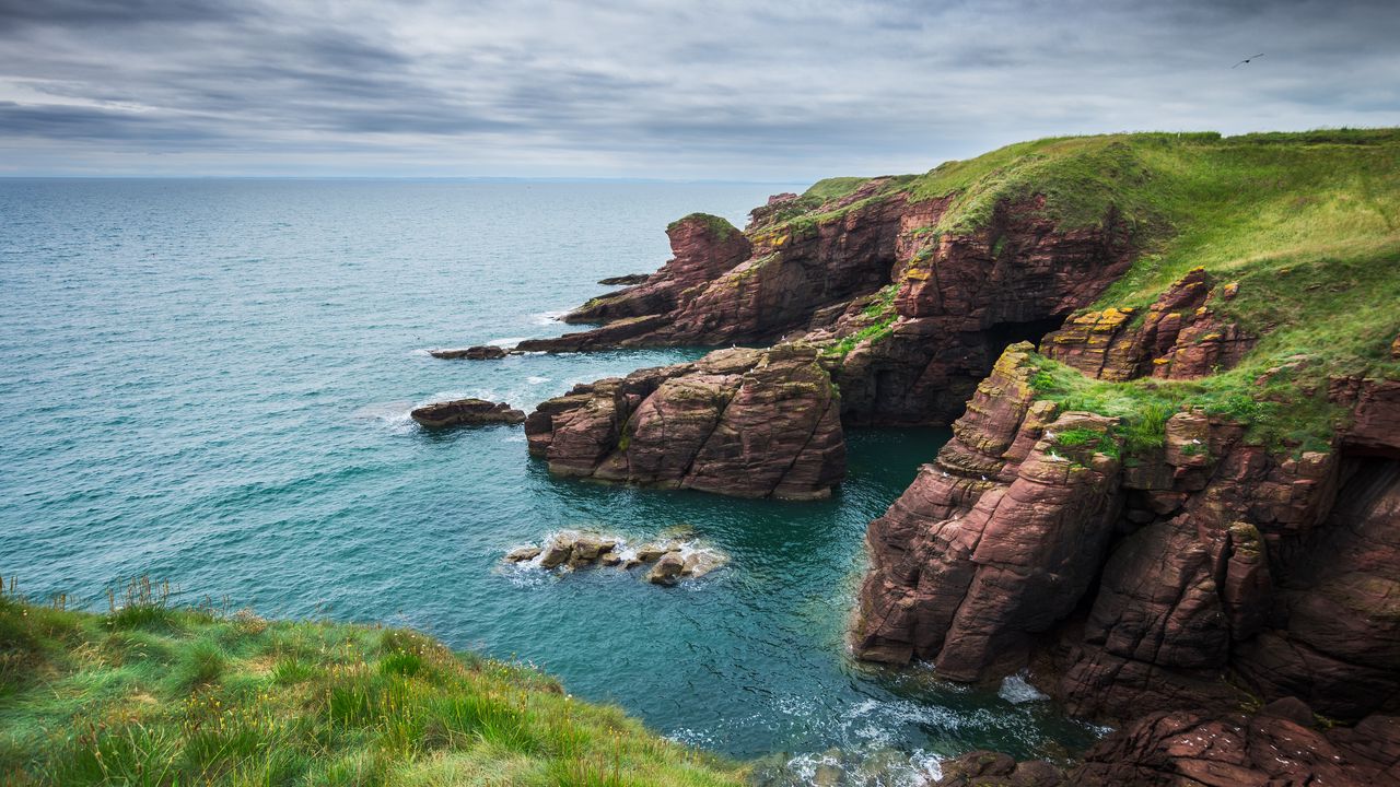 Wallpaper rocks, cliff, sea, grass hd, picture, image