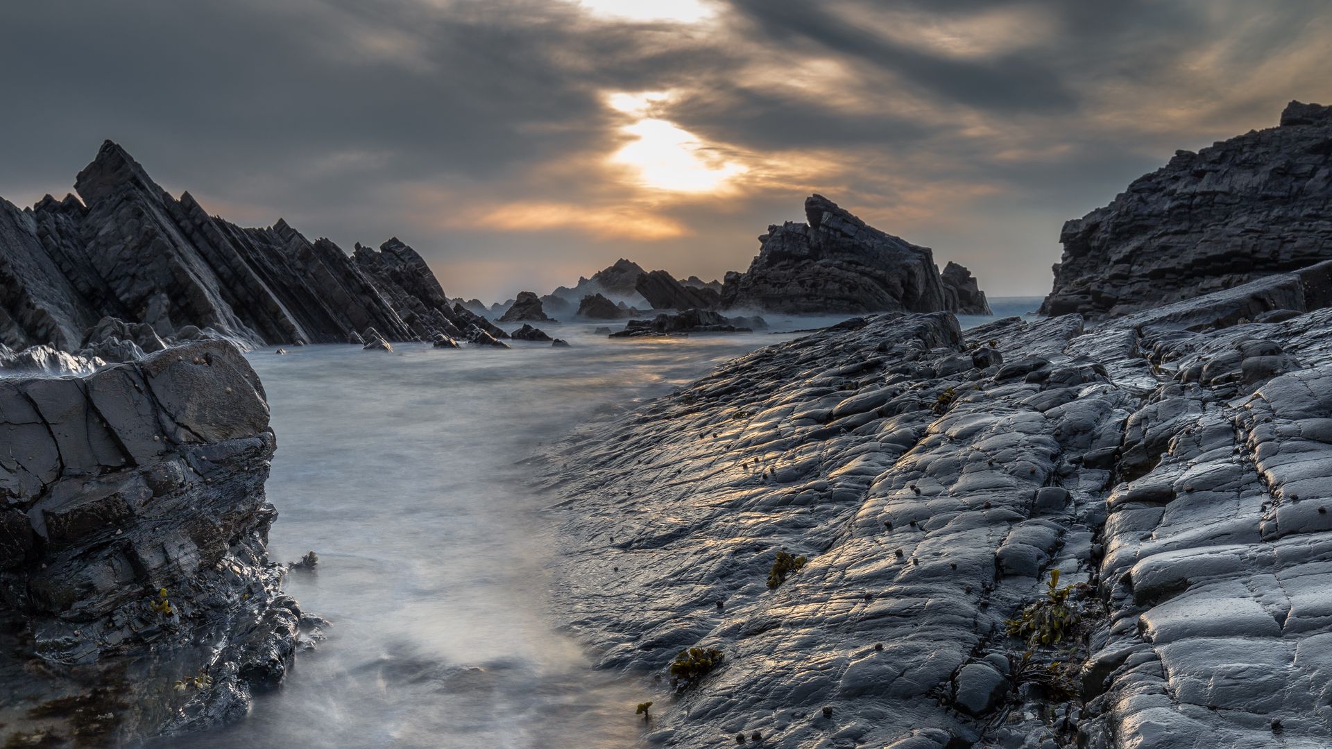 Download wallpaper 1920x1080 rocks, coast, water, sunset, landscape ...