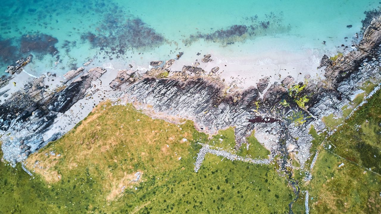 Wallpaper rocks, sea, grass, aerial view hd, picture, image