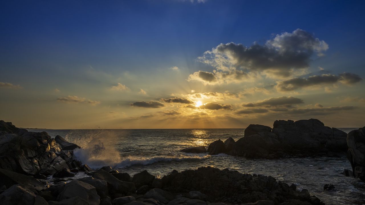 Wallpaper rocks, sea, sun, sunset, landscape, dark hd, picture, image