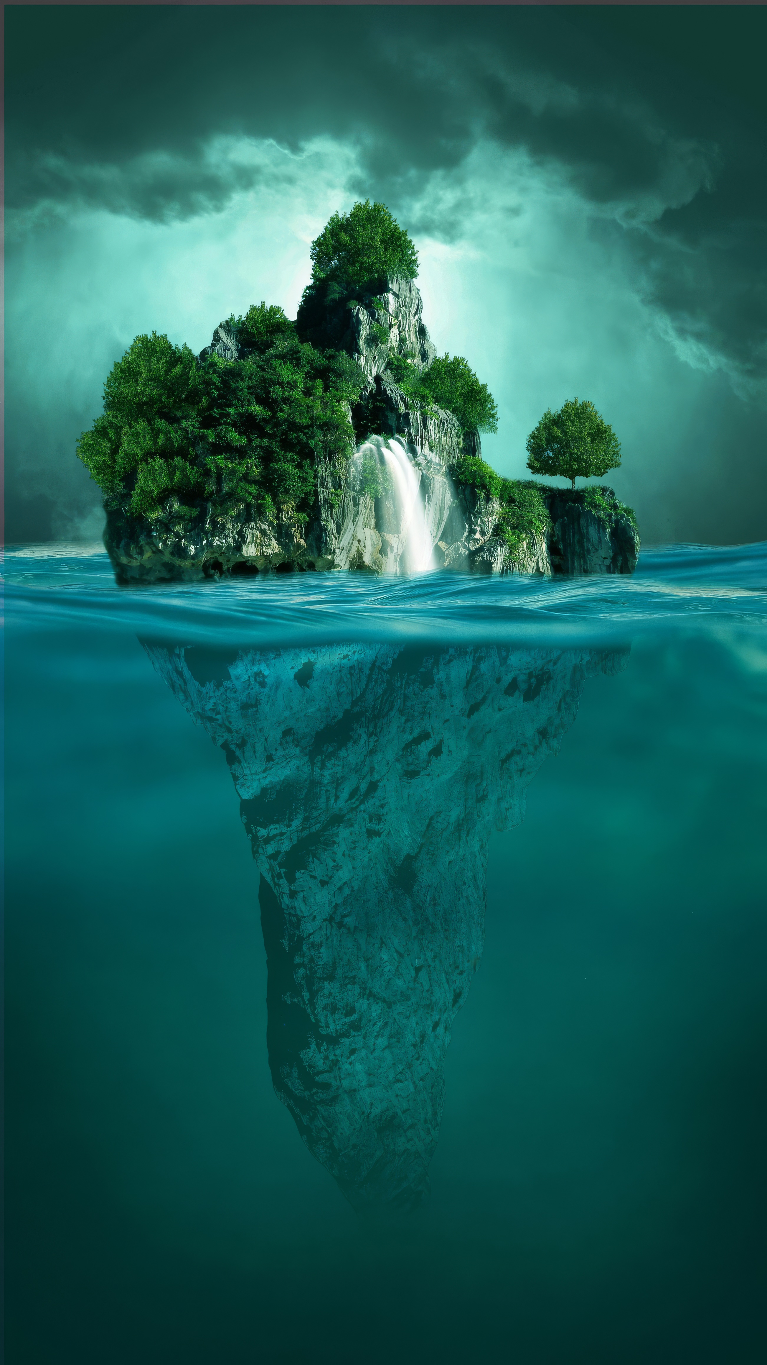 Download wallpaper 2603x4627 rocks, waterfall, island, reflection, sea ...